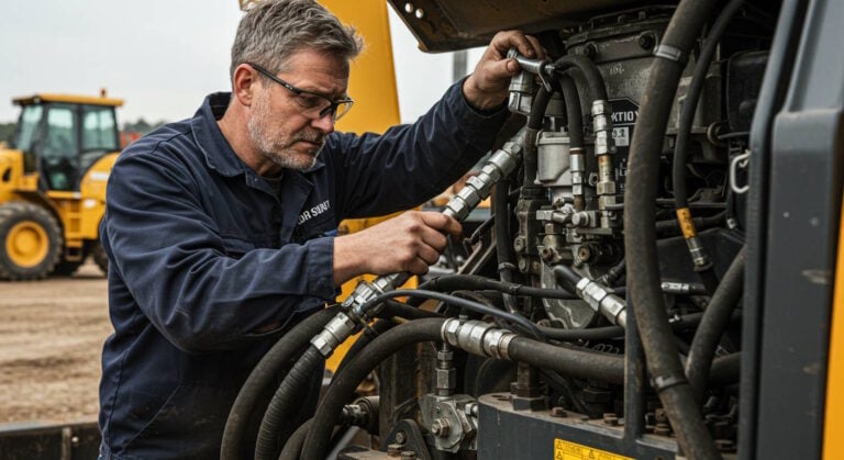 Why do hydraulic pumps make different sounds in heavy machinery?